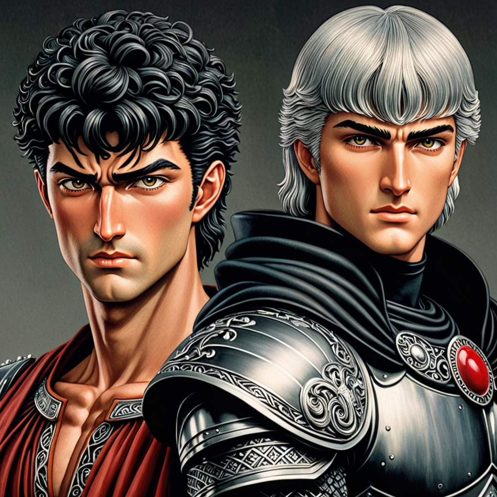 guts and griffith from berserk in realistic style