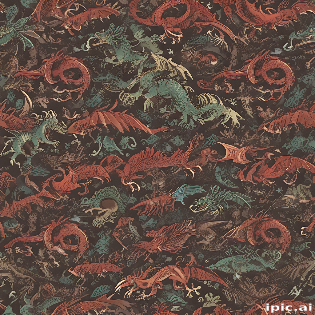 Intricate Pattern of Colorful Dragons in a Fantasy-Inspired Design