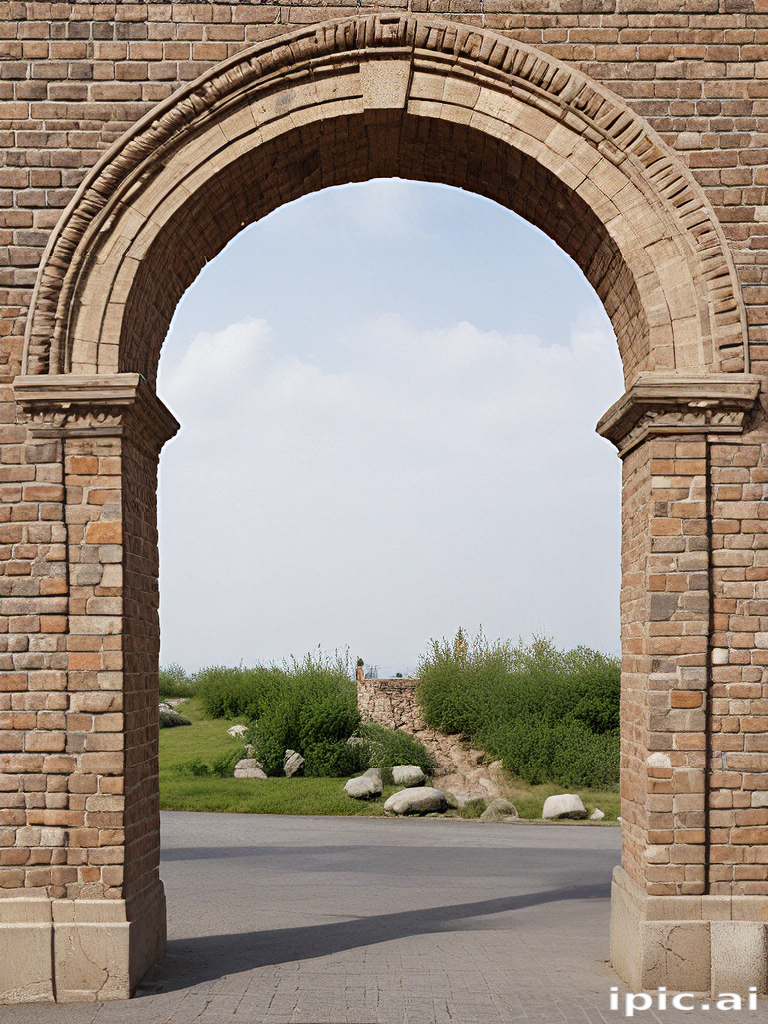 View Through an Elegant Stone Archway Leading to Lush Greenery Beyond.