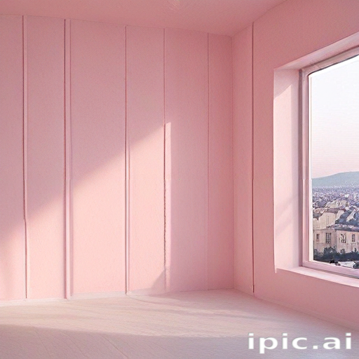 Cozy Pink Room with a Window Overlooking a Cityscape at Dusk