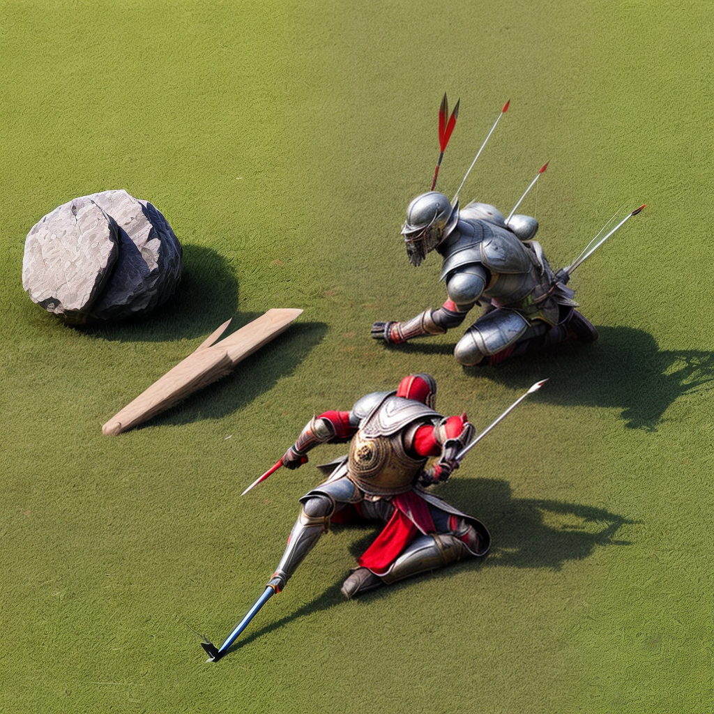 Warrior on its knees, hit with arrows, bleeding, burned and ashy ...