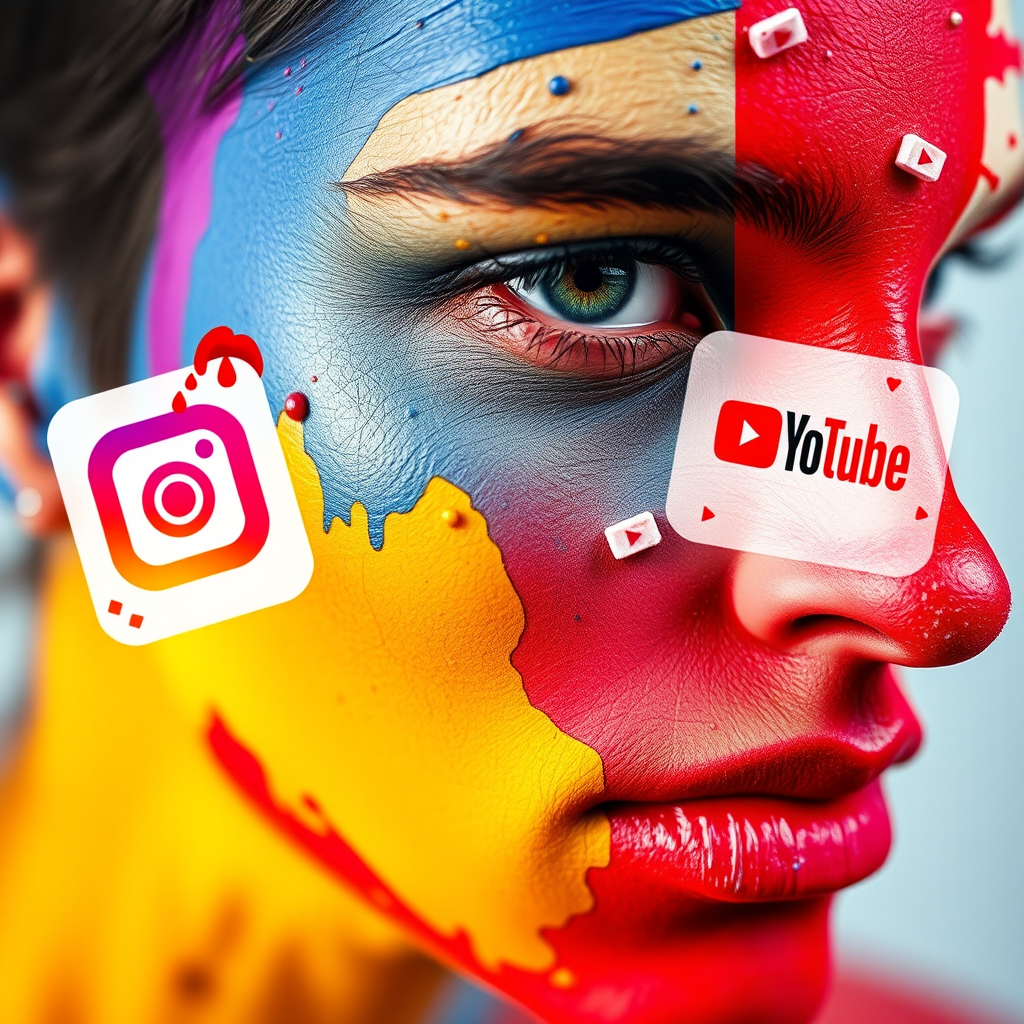 Create a vibrant digital collage featuring a colorful abstract face ...