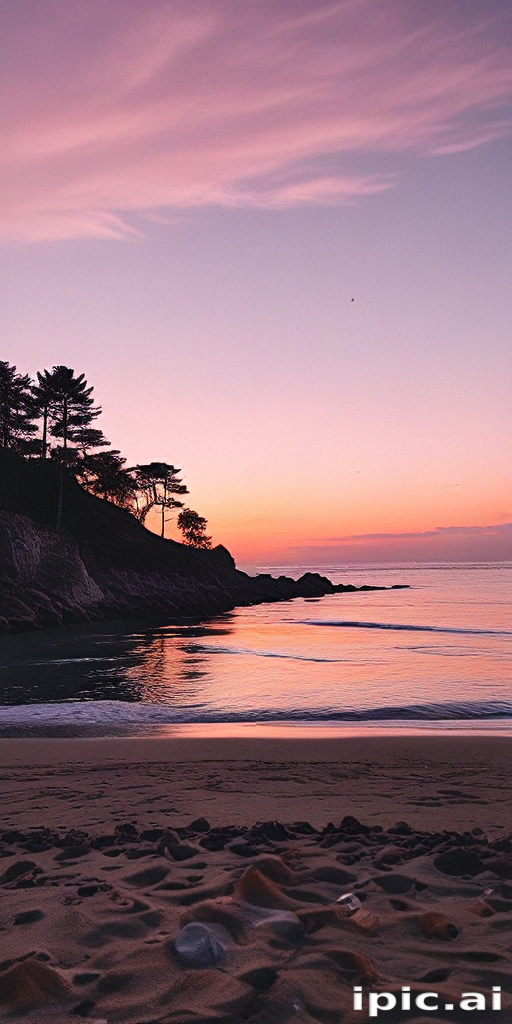Tranquil Sunset Over Serene Beach with Silhouetted Trees in View