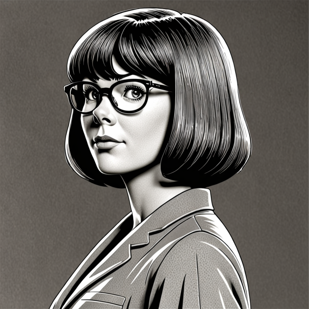 Velma Dinkley fron cartoon Scooby-Doo line art. Profile view.