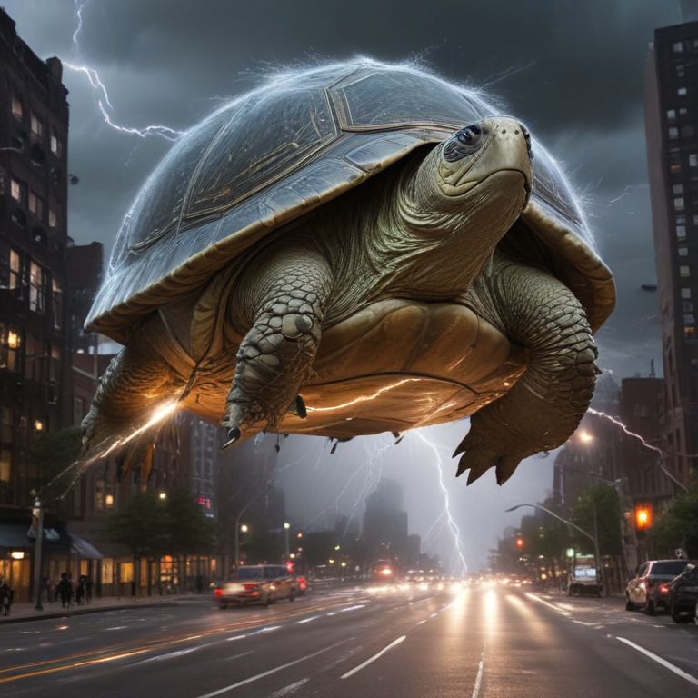 hypersonic turtle, drawn as an alien mothership, lightning coming off ...