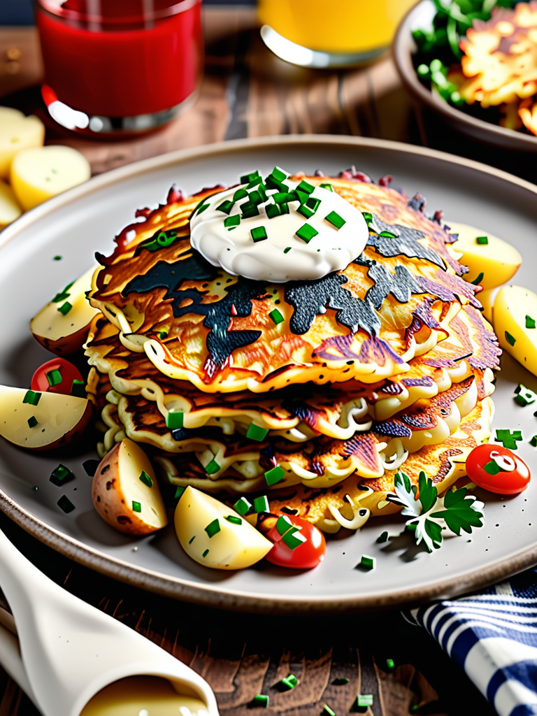 Deliciously Stacked Potato Pancakes Topped with Sour Cream and Fresh Chives