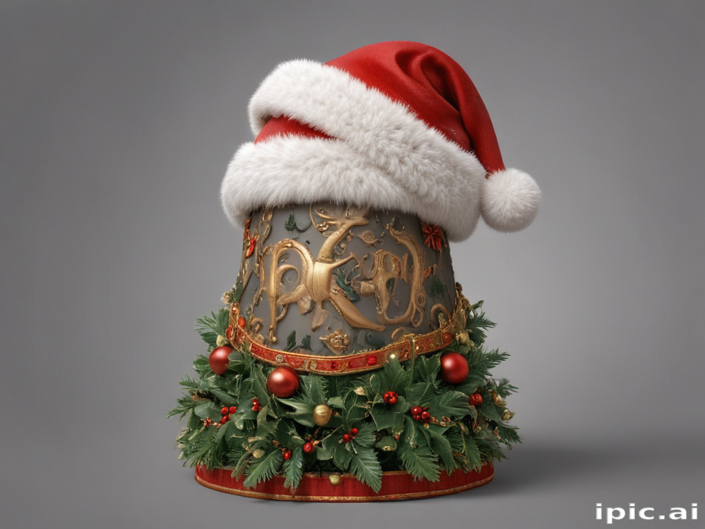 Festive Holiday Bell Decorated with a Traditional Santa Hat and Greenery