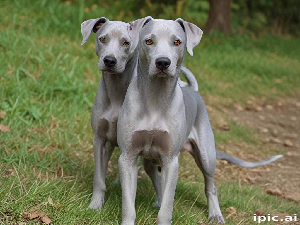 Two Unique Gray Dogs Standing Together in a Lush Green Park