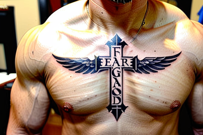 Intricate Chest Tattoo Featuring a Cross with Wings and Powerful Words