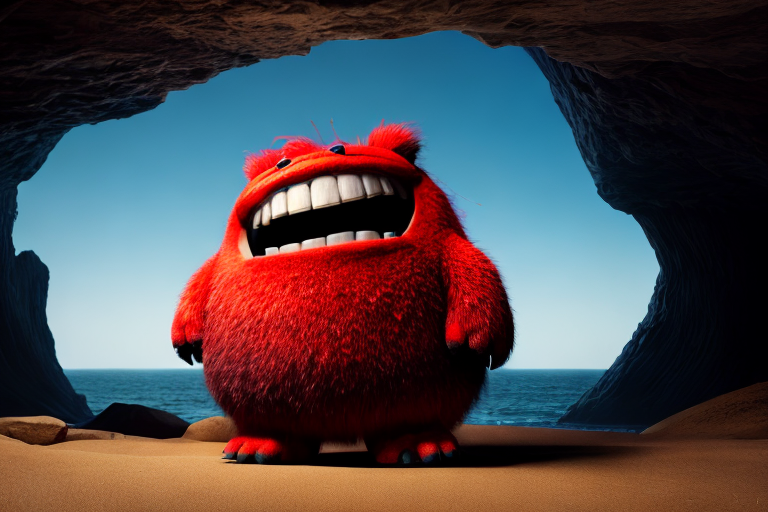 fluffy cute fat monster with teeth in a cave