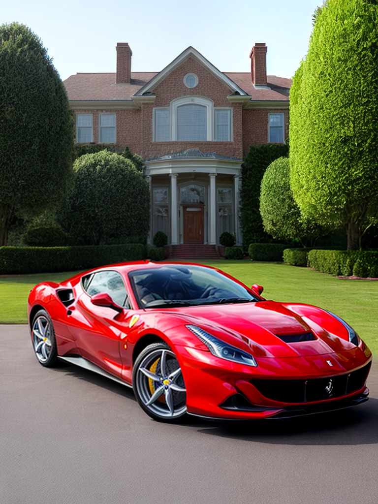 a realistic photo of a ferrari in front of a mansion