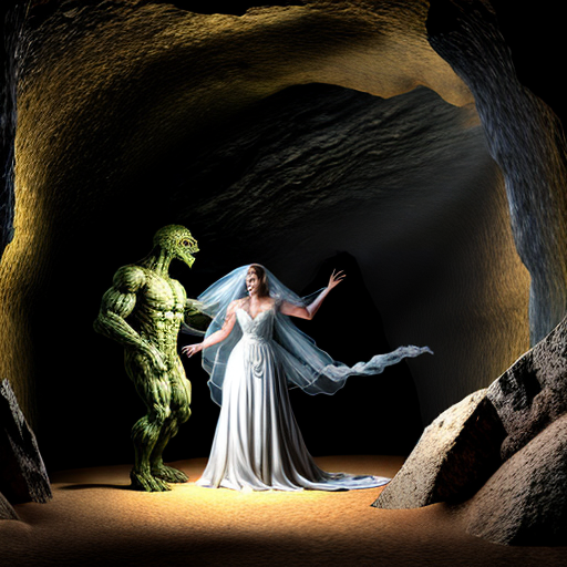 the bride of god is attacked in a cave by a monster