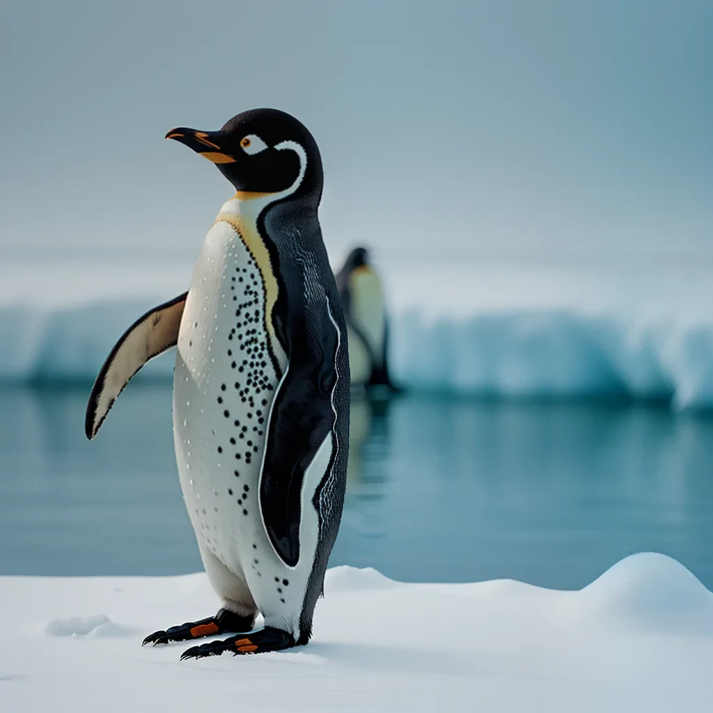 A Majestic Penguin Standing on Ice with a Calm Ocean Background.