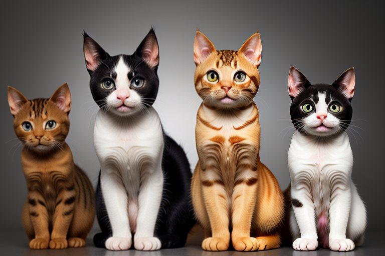 Adorable Group of Four Cats Posing Together with Unique Expressions and ...