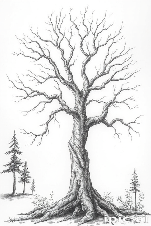 A Majestic Yet Stark Tree Standing Alone in a Serene Landscape.