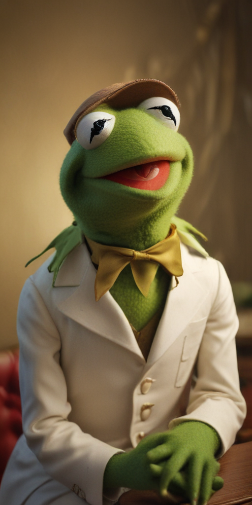 A Charming Green Puppet Dressed Elegantly in White Suit and Bow Tie