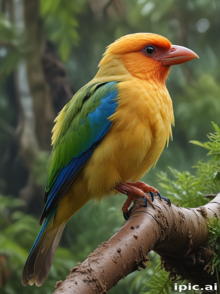 Vibrant Tropical Bird Perched on a Branch Amidst Lush Greenery