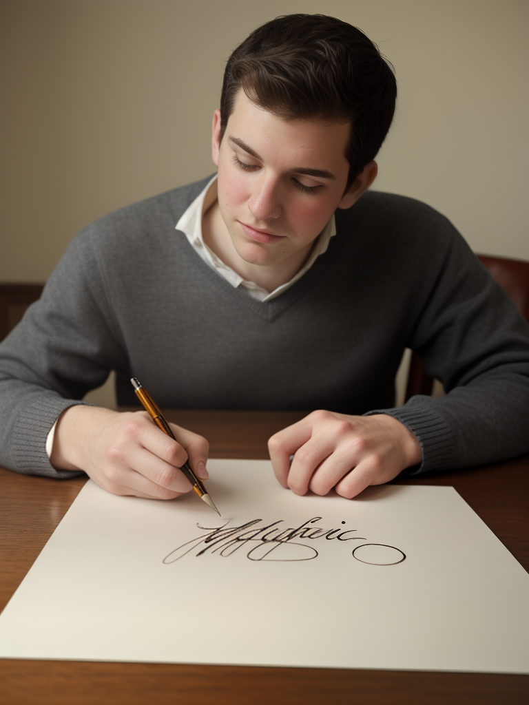 A Young Man Skillfully Practicing His Elegant Calligraphy on Paper.