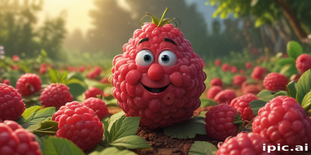 Cheerful Raspberry Character Enjoys a Sunny Day in the Berry Field