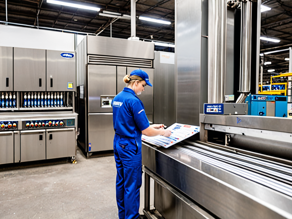 person checking label on factory floor blue uniform logo bundy ...