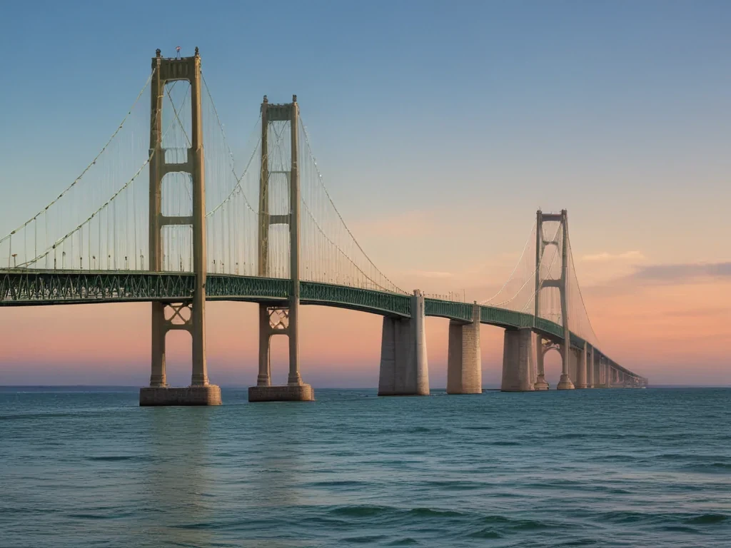 Majestic Bridge Spanning Tranquil Waters at Sunset, Connecting Two Shores
