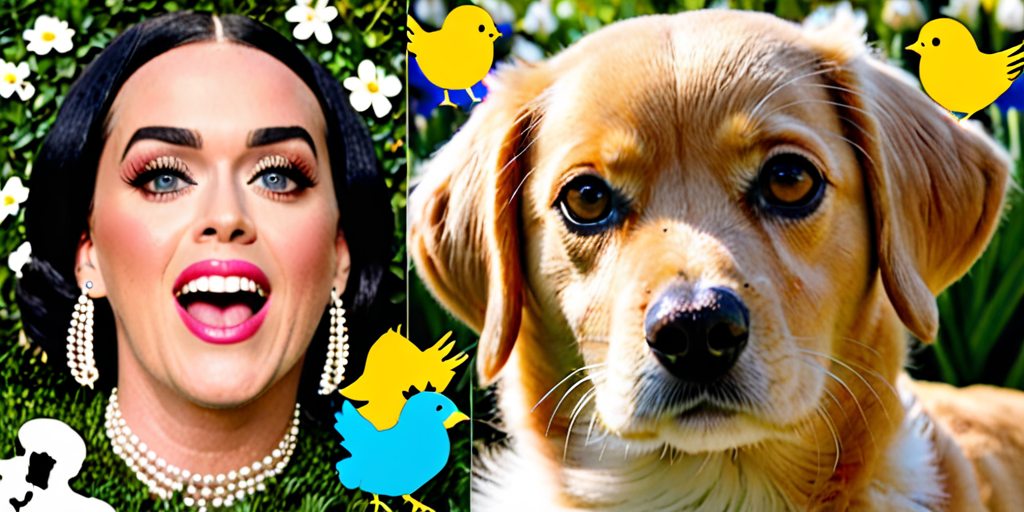 dog with katy perry's face in a chick garden