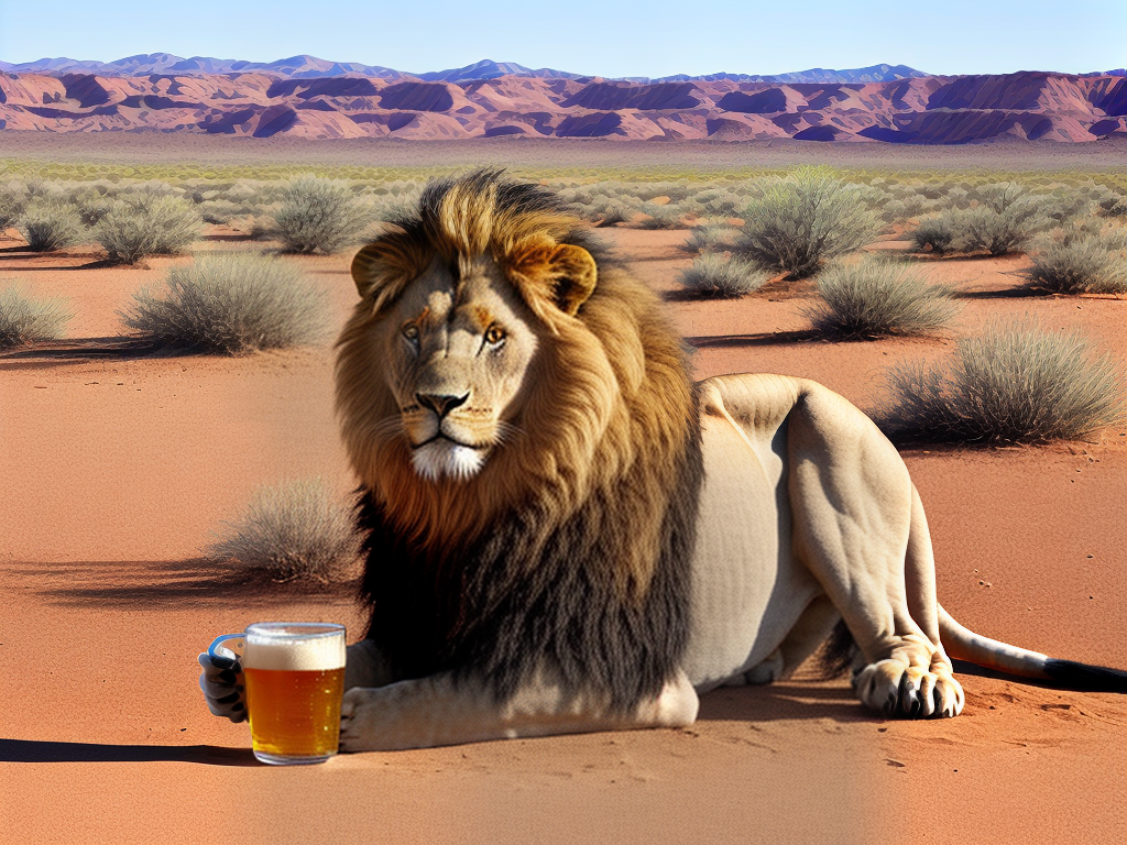A lion drinking a beer in the desert