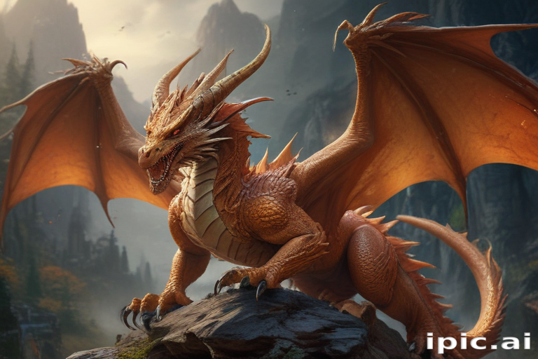 Majestic Fire-Breathing Dragon Perched on a Rocky Mountain Peak at Sunset.