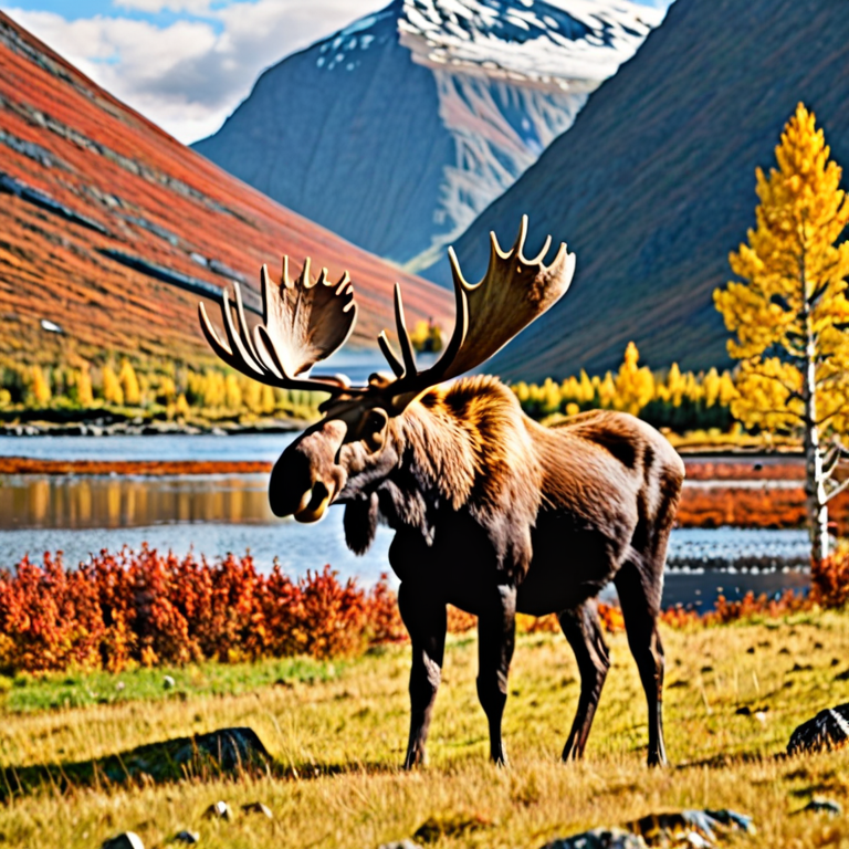 realistic moose on a valley near the fjord with the background of a ...