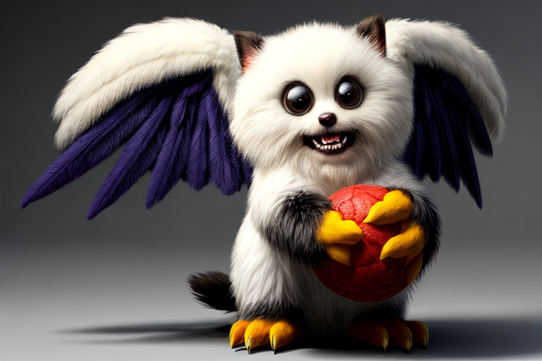 cute round fluffy monster with teeth wings and claws