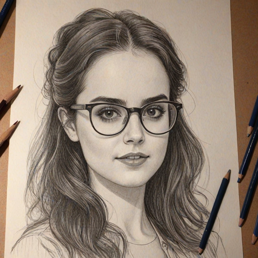 Detailed Pencil Drawing of a Young Woman with Glasses and Long Hair