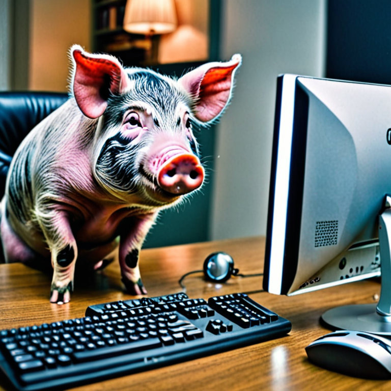 a pig behind a desk with a pc and a monitor playing games