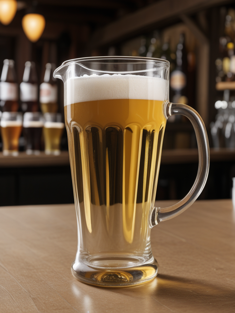 Refreshing Golden Beer in a Glass Pitcher at a Cozy Pub Setting