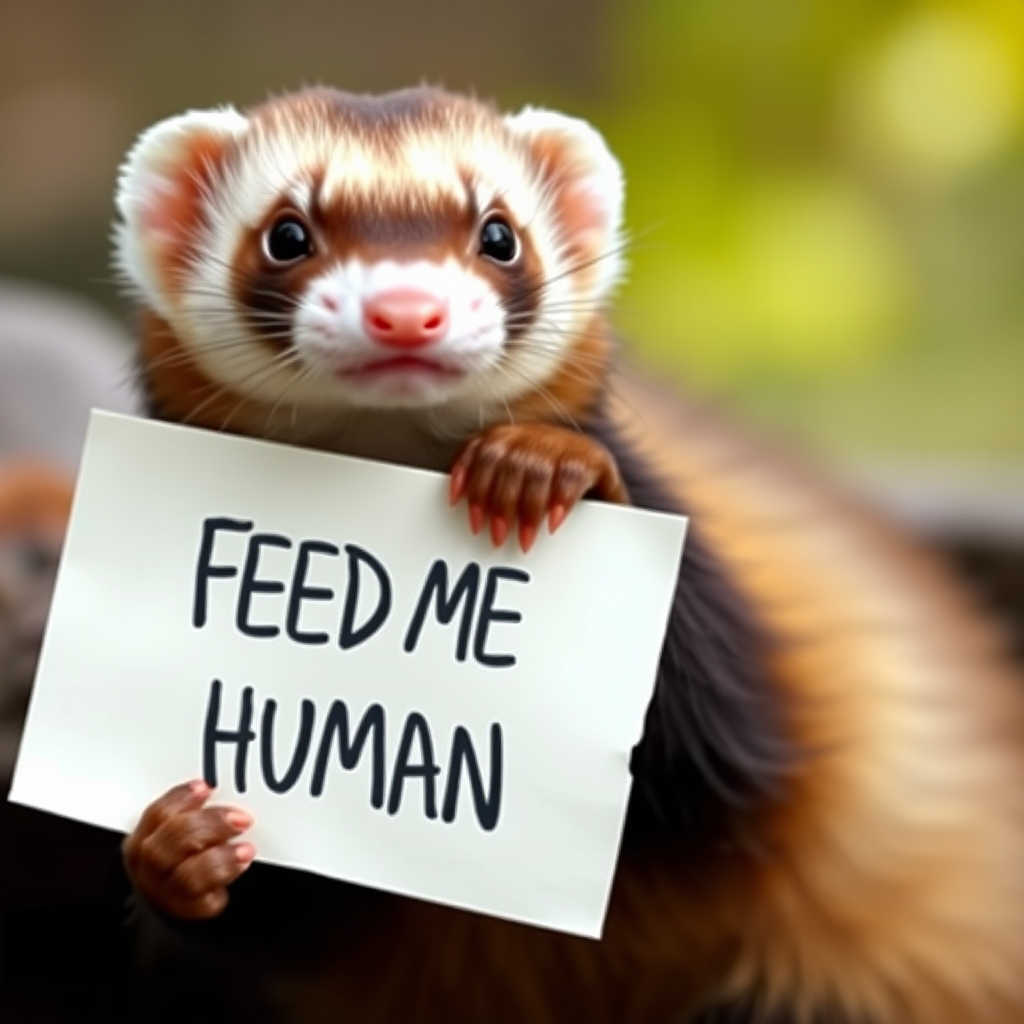 Adorable Ferret Holding a Sign Asking Humans for Food and Attention