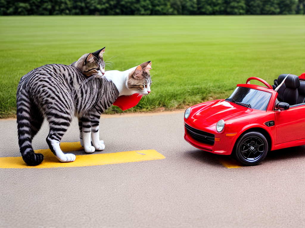 cat driving a red toy car