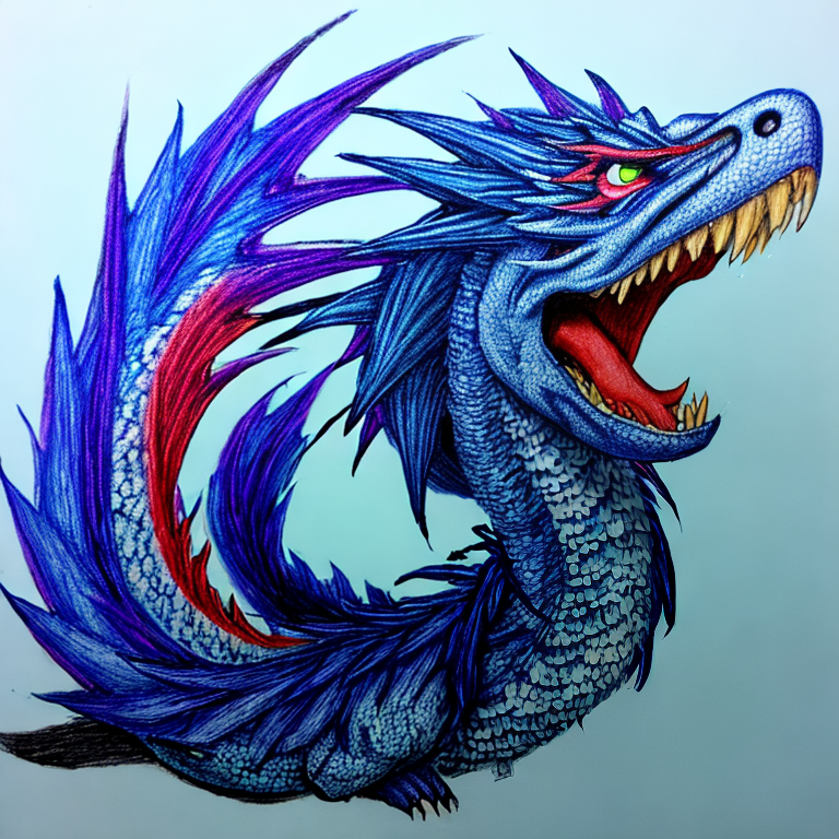 drawing of a blue Japanese dragon breathing fire