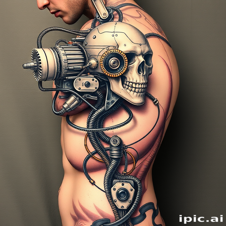Futuristic Tattoo Design Featuring a Skull and Mechanical Elements on Skin