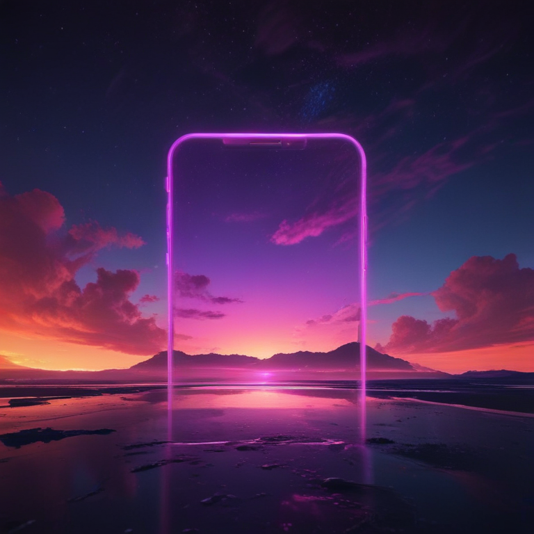 Futuristic Smartphone Displaying a Stunning Sunset Over a Serene Landscape
