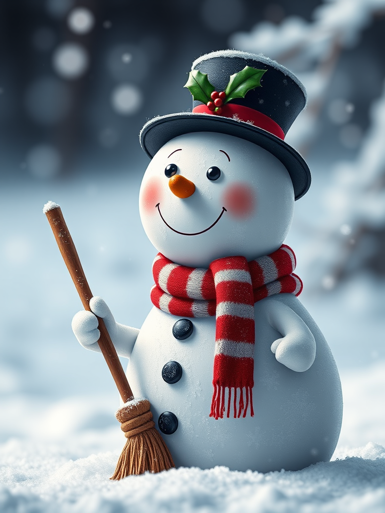 A Cheerful Snowman with a Hat and Broom in Winter Wonderland.