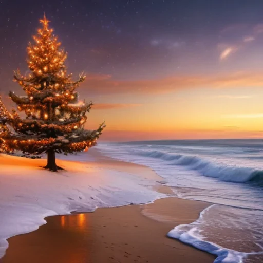 A Serene Winter Beach Scene Featuring a Decorated Christmas Tree at Sunset.