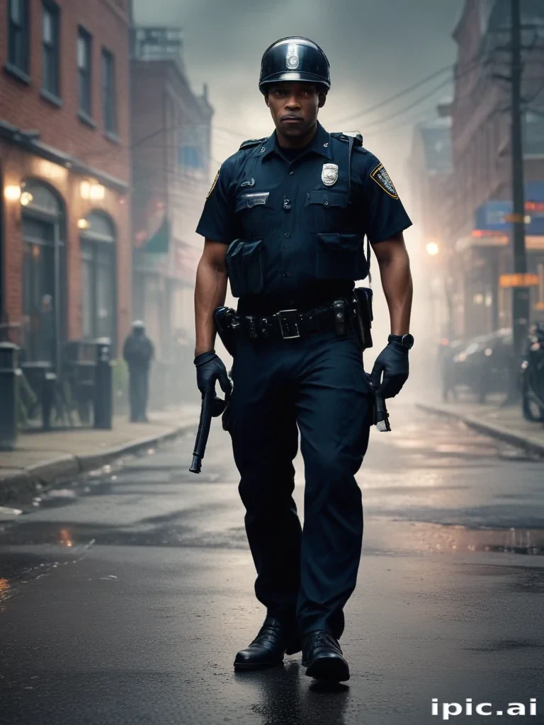 Determined Police Officer Walking Confidently Through Foggy Urban ...