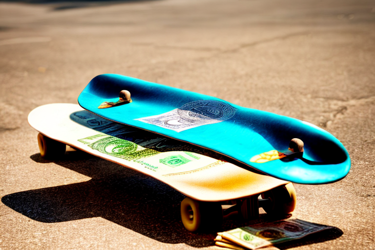 skateboard on top of a pile of money.