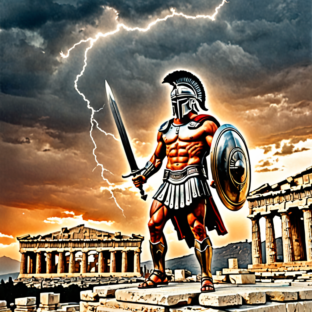an ancient spartan warrior with a sword and a shield anf the Parthenon ...