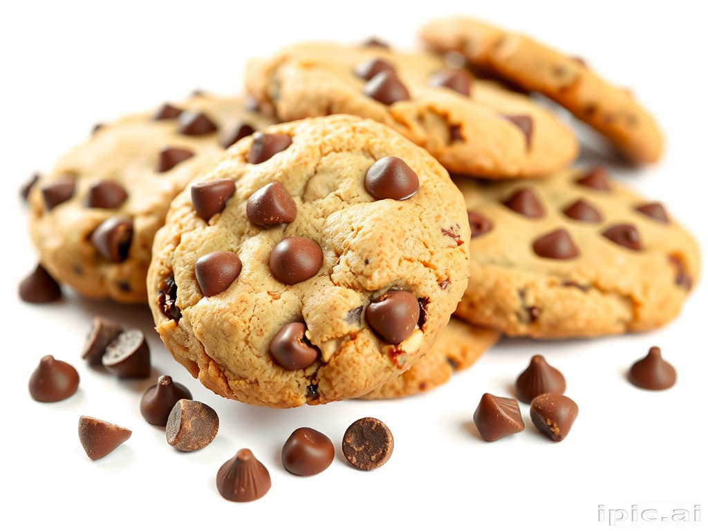 Delicious Chocolate Chip Cookies Piled High with Sweet Chocolate Chips.
