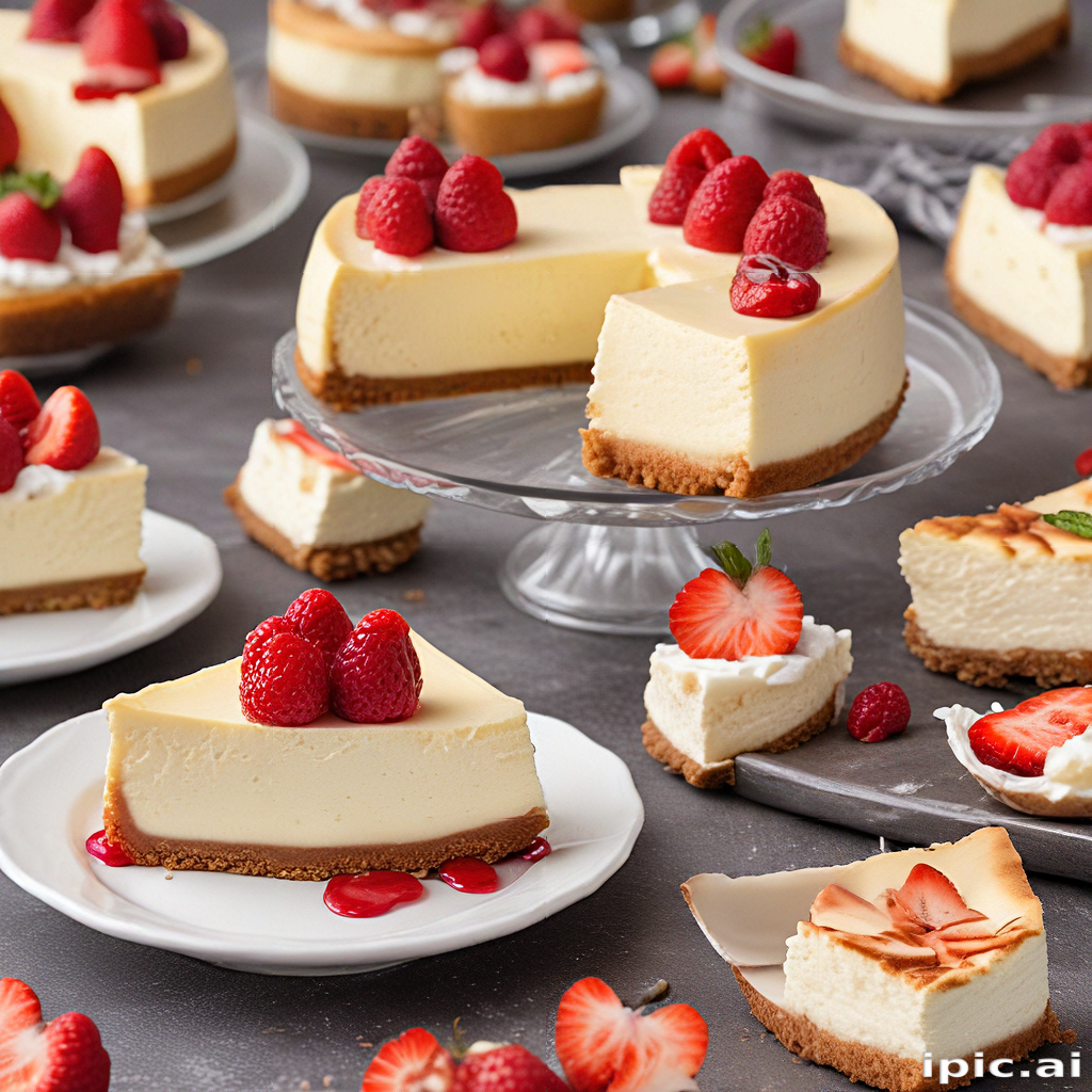 A Delicious Display of Cheesecakes Topped with Fresh Berries and Sauces.