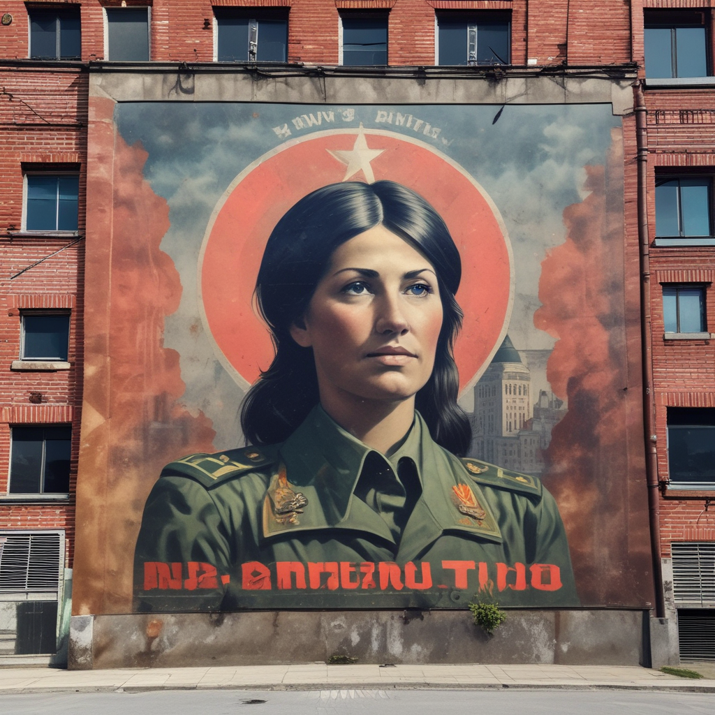 faded and worn Soviet military power style propaganda mural on a ...
