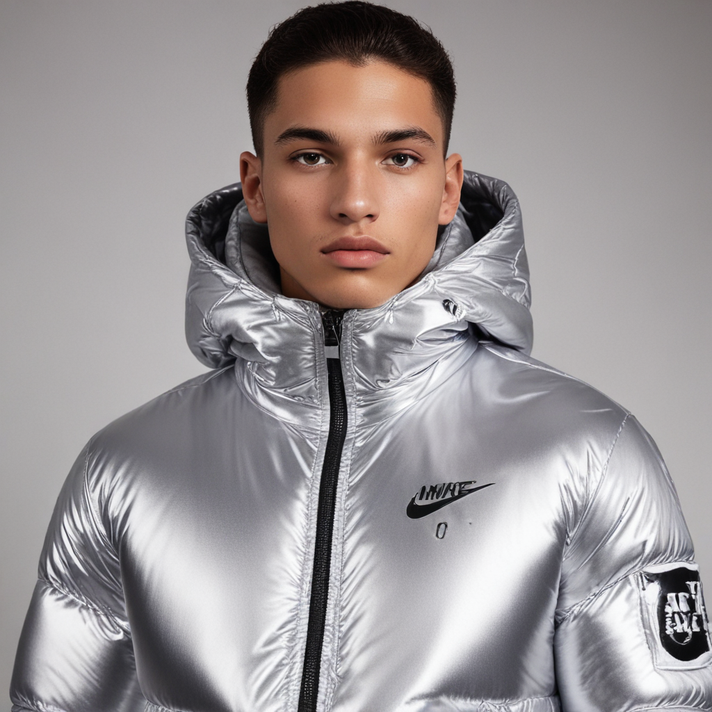 Male supermodel nike shiny puffer jacket bling jewellery hood