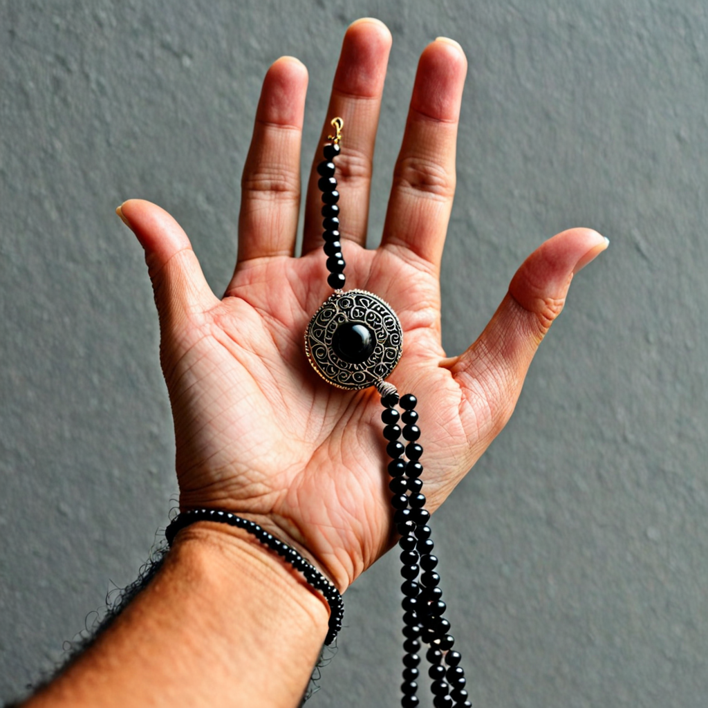 a tasbeeh in a hand, closer look, black picture