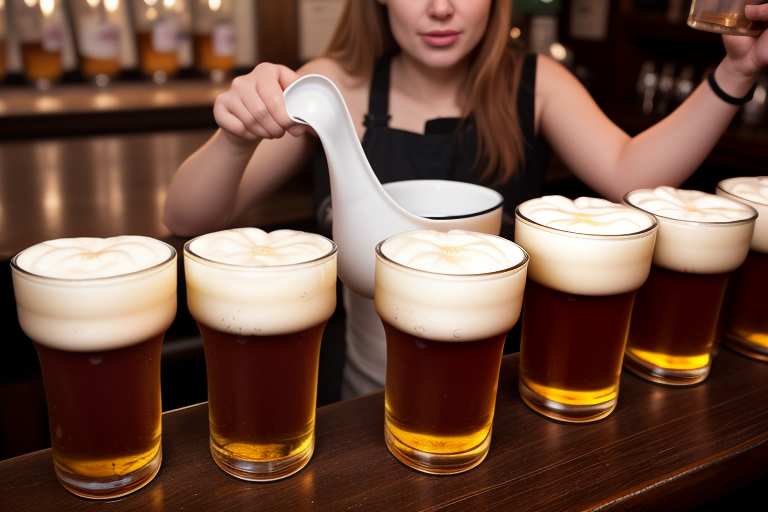 Bartender Skillfully Pouring Dark Liquid into Pints of Beer with Foam