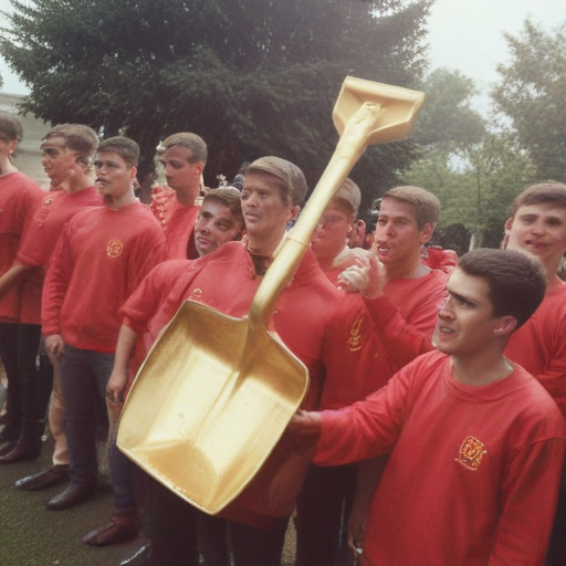 A large fraternity worshipping a shovel made of gold